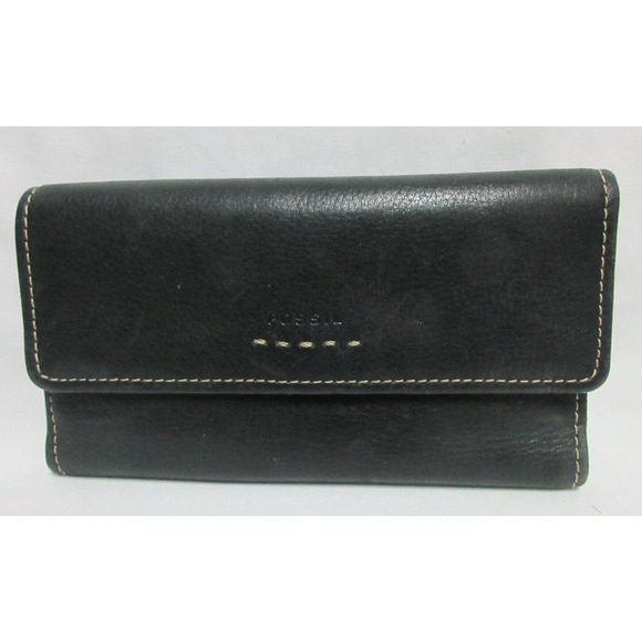 Fossil | Bags | Fossil Black Leather Trifold Snap Checkbook Wallet ...